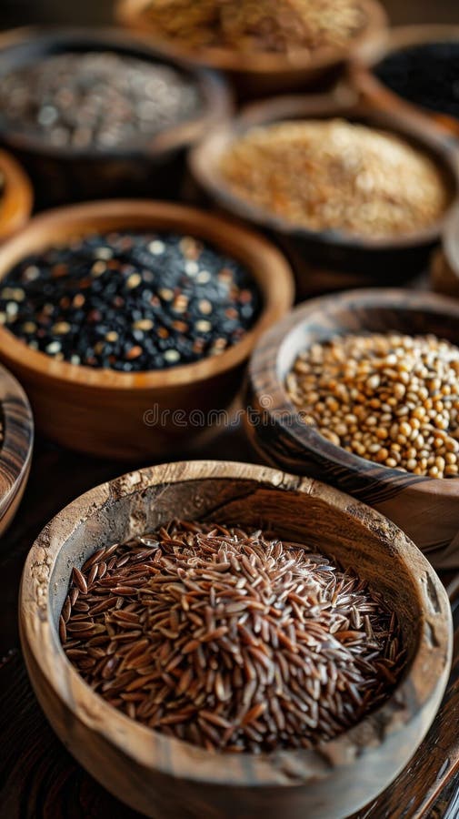 A Rustic Wooden Table Displays an Array of Vibrant Grains, Including ...