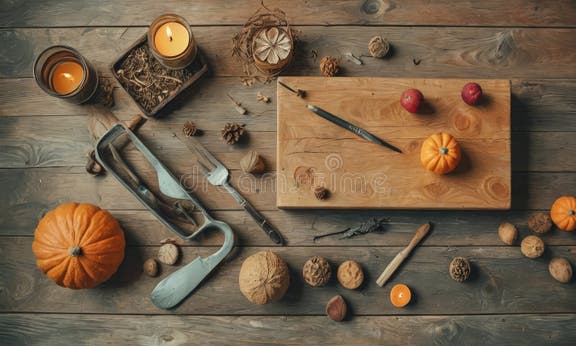 Rustic Wooden Table Displays Assortment Autumnal Objects, Including ...