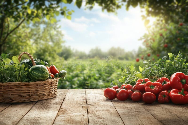 Rustic Wooden Table Displays Fresh Vegetables in Serene Landscape Stock ...