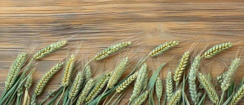 A Rustic Wooden Table Displays Green Wheat Ears, Providing an Empty ...