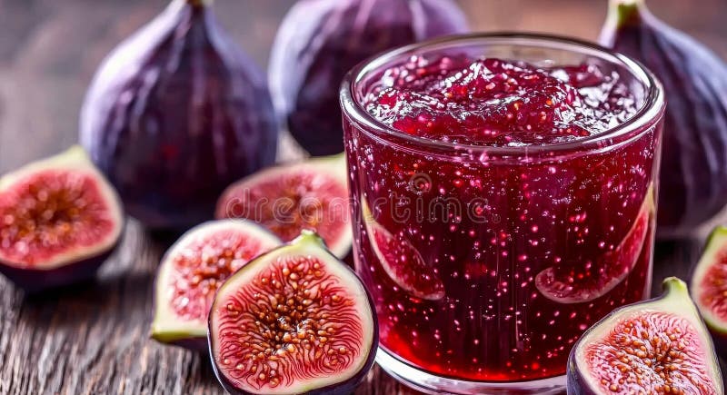 A Rustic Wooden Table Displays Homemade Fig Jam with Fresh Figs Stock ...