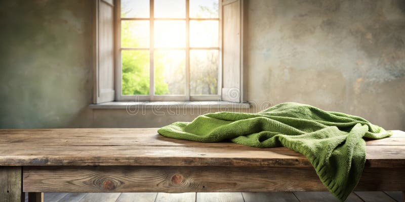 Rustic Wooden Table with a Draped Green Textile Near a Sunlit Window ...