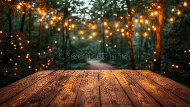 Rustic Wooden Table in Enchanted Forest with Warm Festive String Lights ...