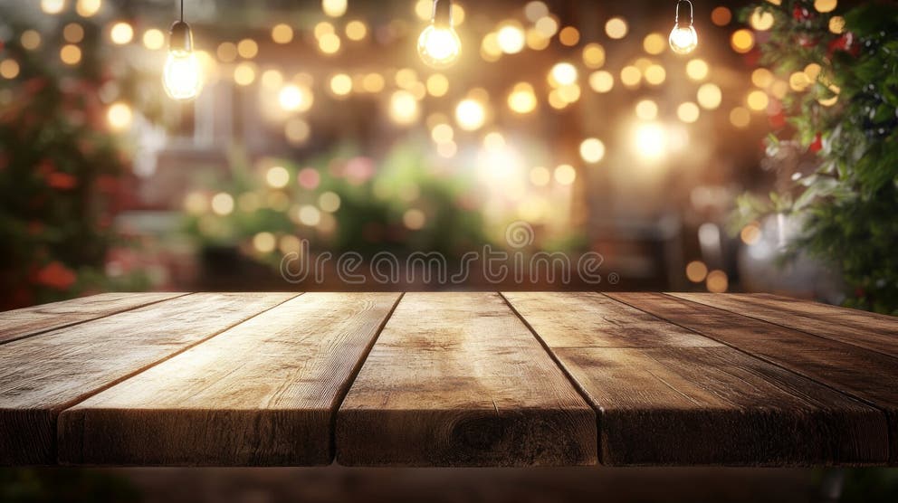 Rustic Wooden Table with Festive String Lights Background Stock ...