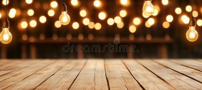 Rustic Wooden Table with Festive String Lights and Glowing Abstract ...