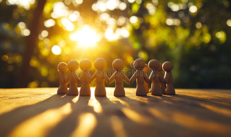 On a Rustic Wooden Table, Wooden Figures Stand in a Circle, Holding ...