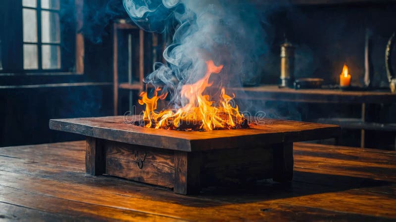 A Rustic Wooden Table with a Fire Pit in the Center, Emitting Smoke and ...