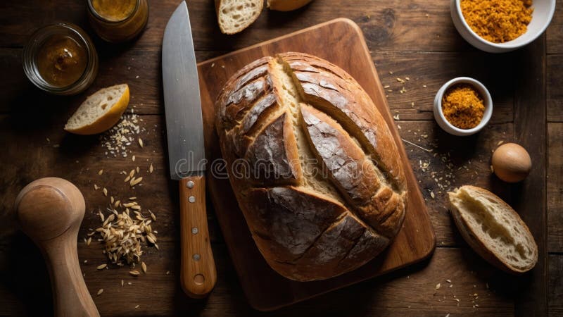 A Rustic Wooden Table with Freshly Baked Bread, a Knife, and Condiments ...