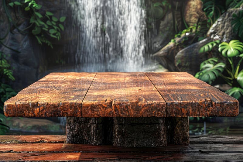 Rustic Wooden Table in Front of Scenic Waterfall and Lush Greenery ...