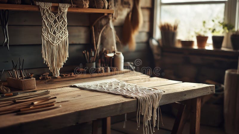 Rustic Wooden Table with Half-finished MacramÃ© Wall Hanging and ...