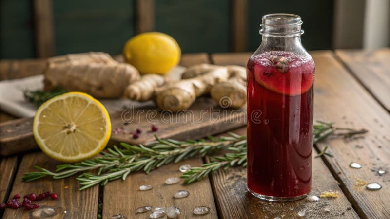 A Rustic Wooden Table Holds a Clear Bottle of a Deep Ruby Red Detox ...