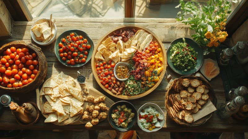 A Rustic Wooden Table Holds a Delicious Festive Food Spread Stock ...