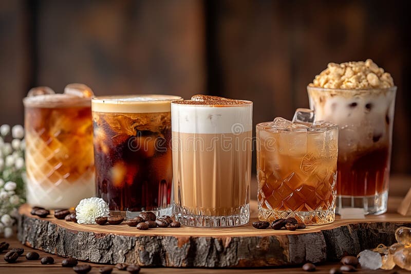 A Rustic Wooden Table Holds a Selection of Various Iced Coffee ...
