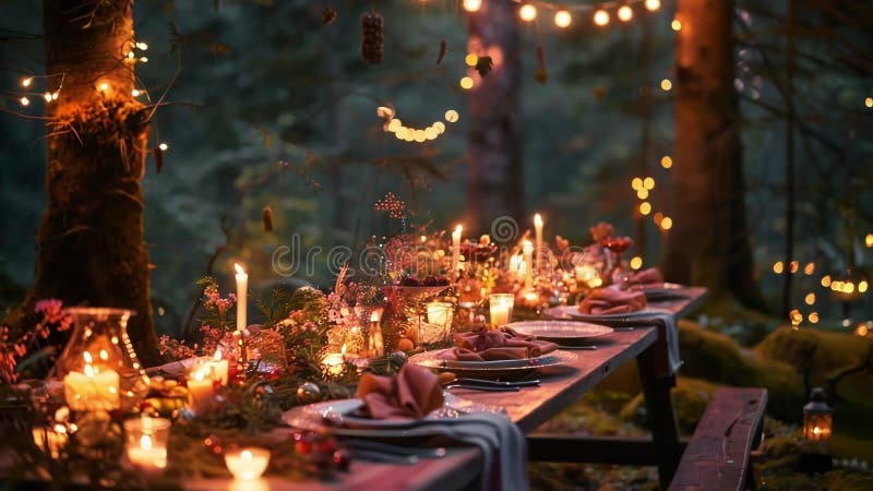 Romantic Dinner Table Setting with Candles Glowing in a Dark Forest Stock Video - Video of ...