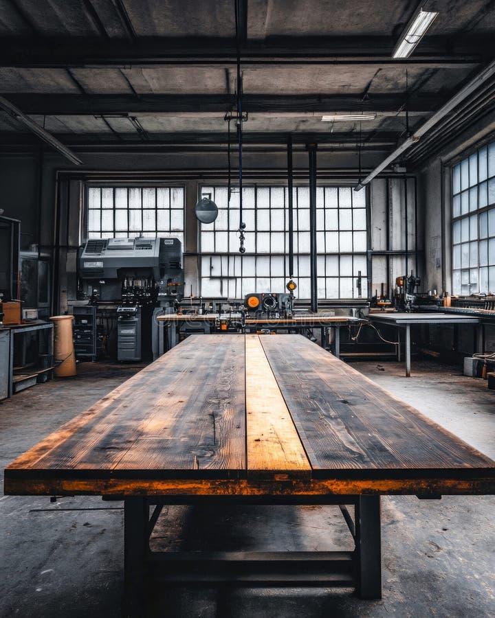 Rustic Wooden Table in an Industrial Workshop Setting Stock Photo ...
