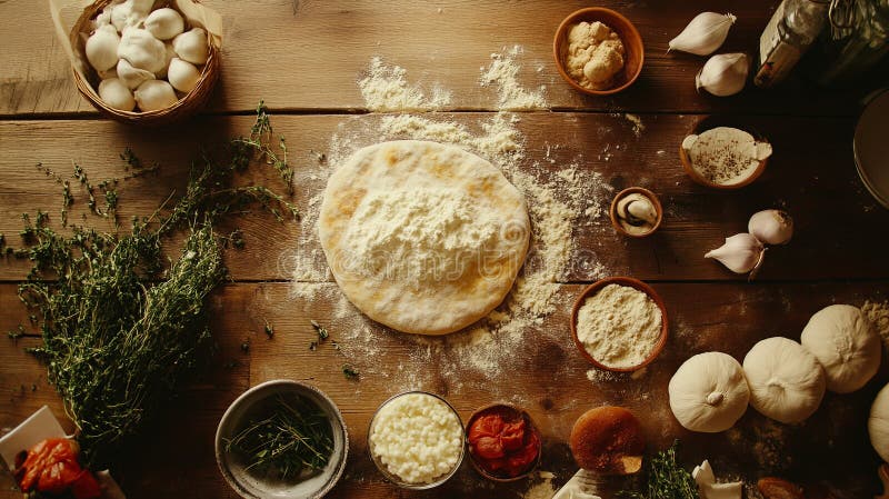 A Rustic Wooden Table with Ingredients for Making a Homemade Pizza Pic ...