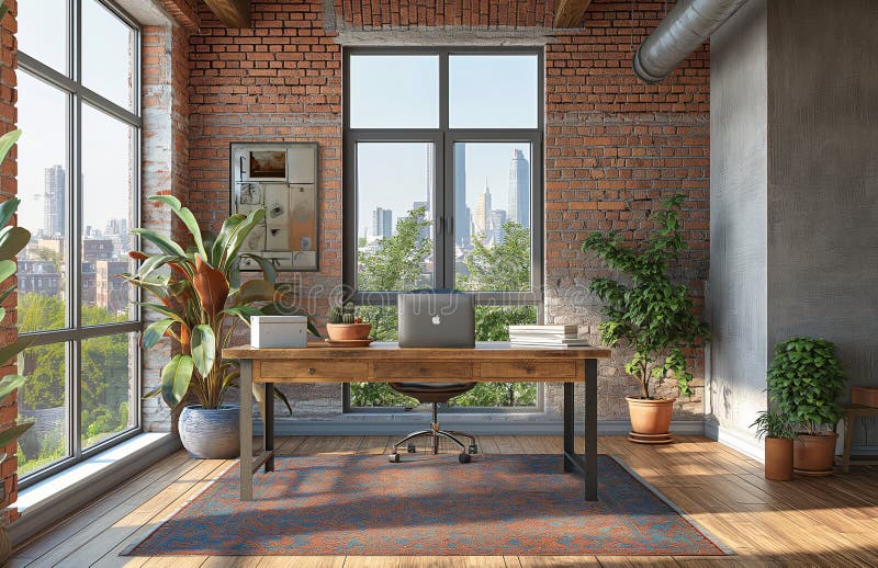 Rustic Wooden Table with Laptop Computer Standing in Home Office in a ...