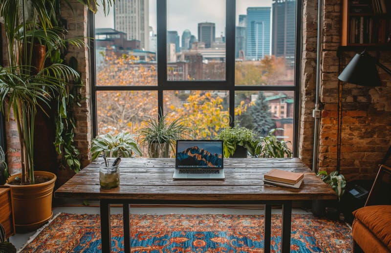 Rustic Wooden Table with Laptop Computer Standing in Home Office in a ...
