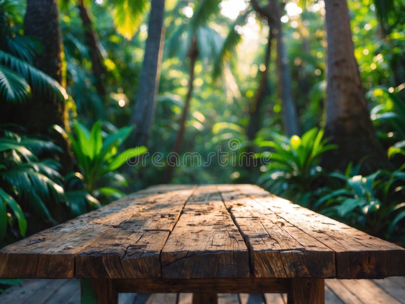 Rustic Wooden Table in Lush Tropical Jungle Stock Image - Image of ...