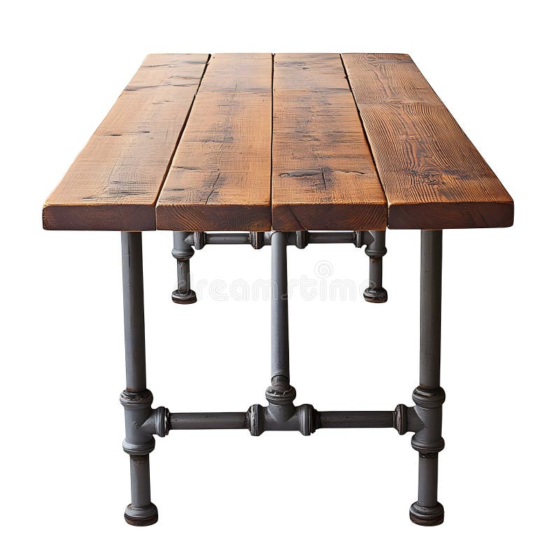 Close Up of a Rustic Wooden Table with Metal Pipe Legs Against a White ...