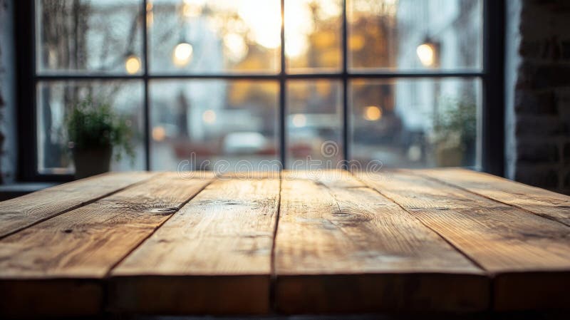 Rustic Wooden Table Near Window with Blurry Background Stock ...