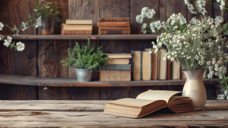 Rustic Wooden Table with an Open Book and a Vase of White Flowers in a ...