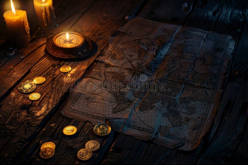 A Rustic Wooden Table with a Pirate Map Compass and Gold Coins Dimly ...