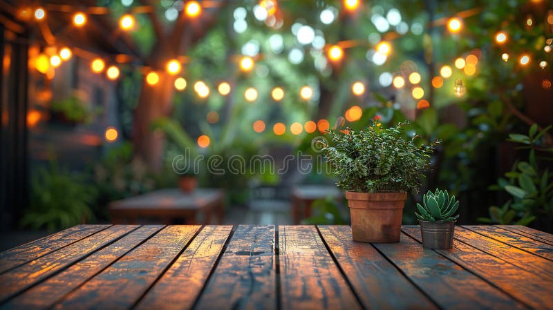 Rustic Wooden Table with Plants and String Lights in Background Stock ...
