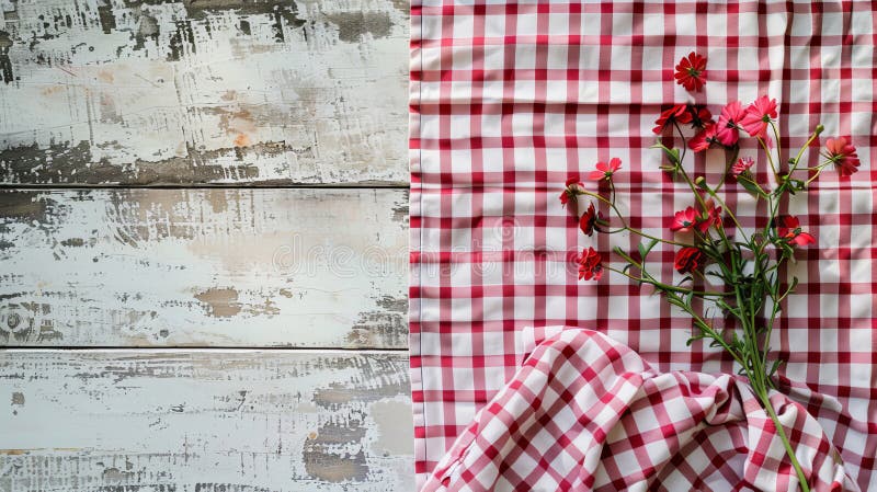 Rustic Wooden Table and Red Checkered Cloth with Flowers Stock Image ...