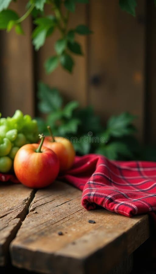 Rustic Wooden Table, Red Checkered Cloth, Nature Backdrop, Fall, Meadow ...