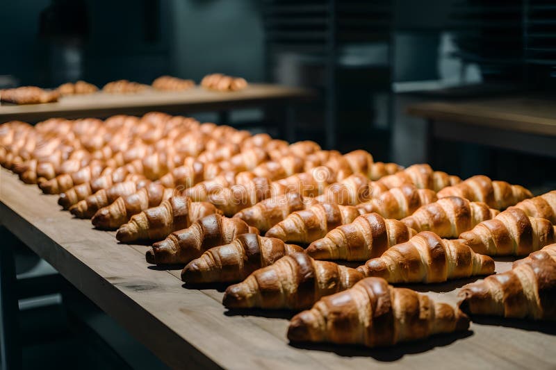 Rustic Wooden Table with Rows of Uncooked Croissants in a Professional ...