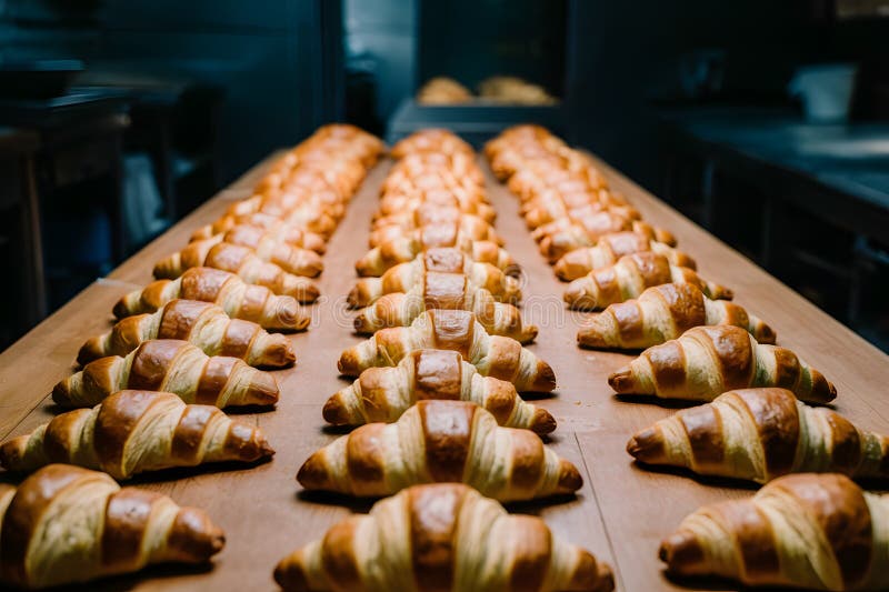 Rustic Wooden Table with Rows of Uncooked Croissants in a Professional ...