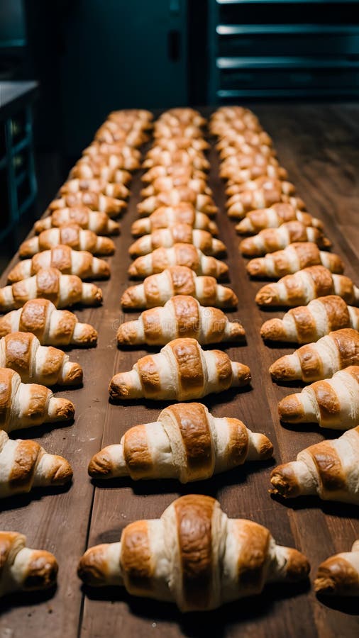 Rustic Wooden Table with Rows of Uncooked Croissants in a Professional ...