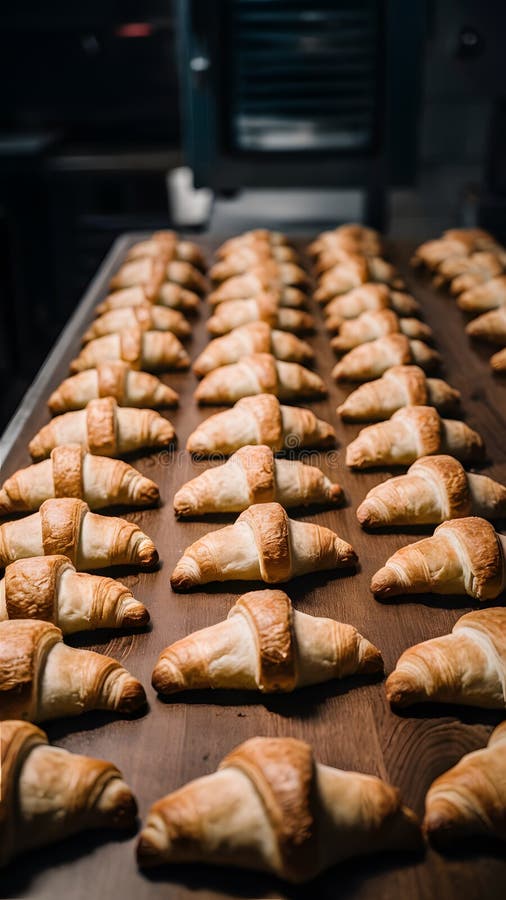 Rustic Wooden Table with Rows of Uncooked Croissants in a Professional ...