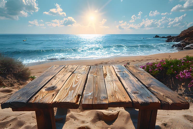 Serene Seaside View with Rustic Wooden Table Under Bright Sunshine for ...