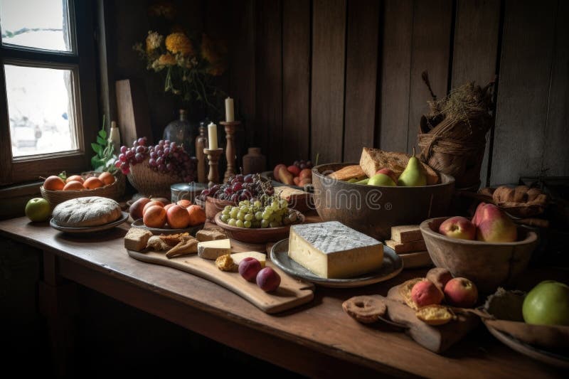 A Rustic Wooden Table, with a Selection of Cheeses, Fruits and Breads ...