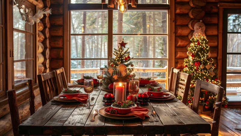 A Rustic Wooden Table Set for Christmas Dinner in Front of Large ...