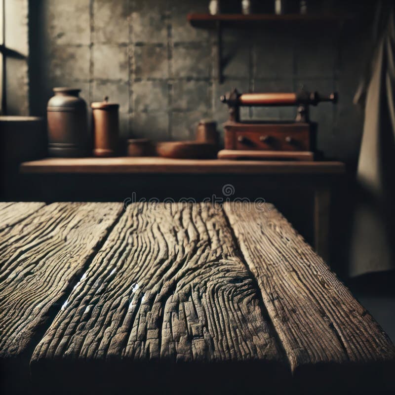 Aged Wooden Table in a Rustic Kitchen with Nostalgic, Warm Country ...
