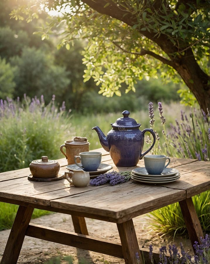 Garden Retreat with Rustic Tea Setting Stock Photo - Image of grass ...