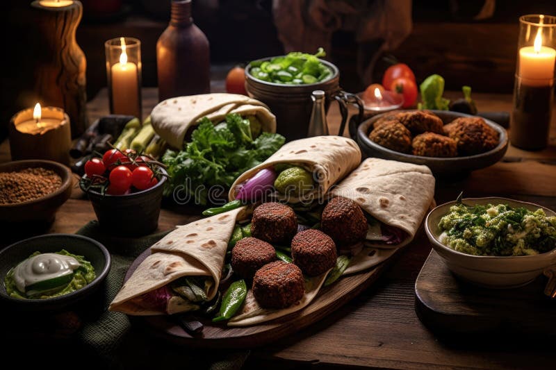 A Rustic Wooden Table Set with Homemade Falafel Wraps and Sides Stock ...