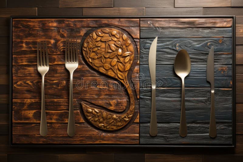 Rustic Wooden Table Setting with Carved Design Stock Illustration ...