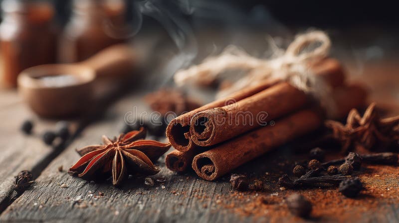 Rustic Wooden Table Setting with Cinnamon and Star Anise Stock Photo ...