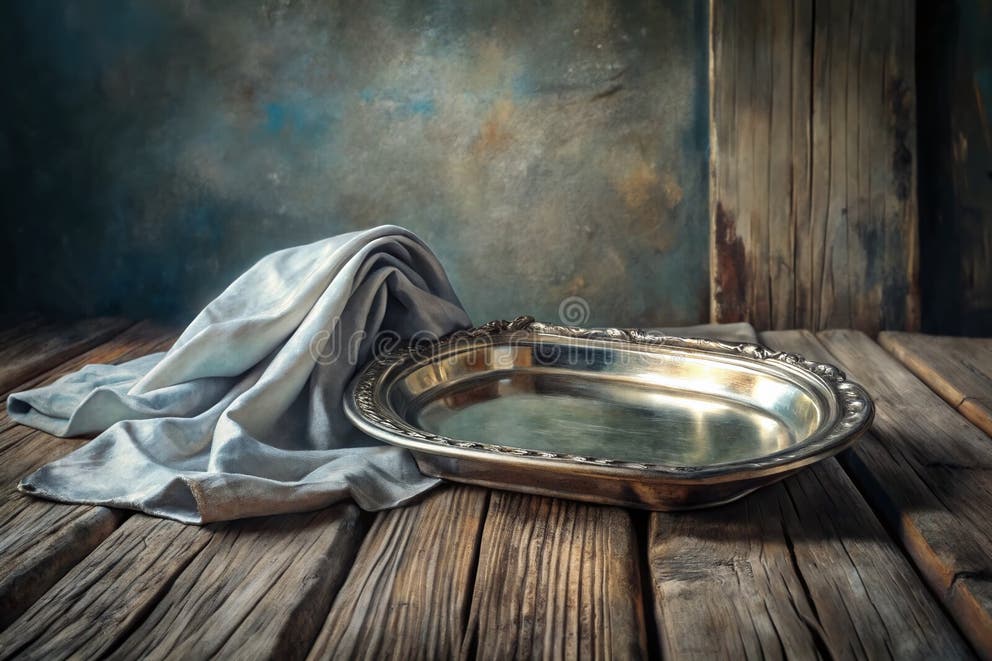 Rustic Wooden Table Setting with Empty Serving Tray and Linen Cloth a ...