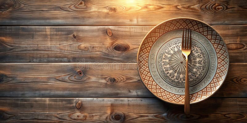 Rustic Wooden Table Setting with Ornate Decorative Plate and Gold Fork ...