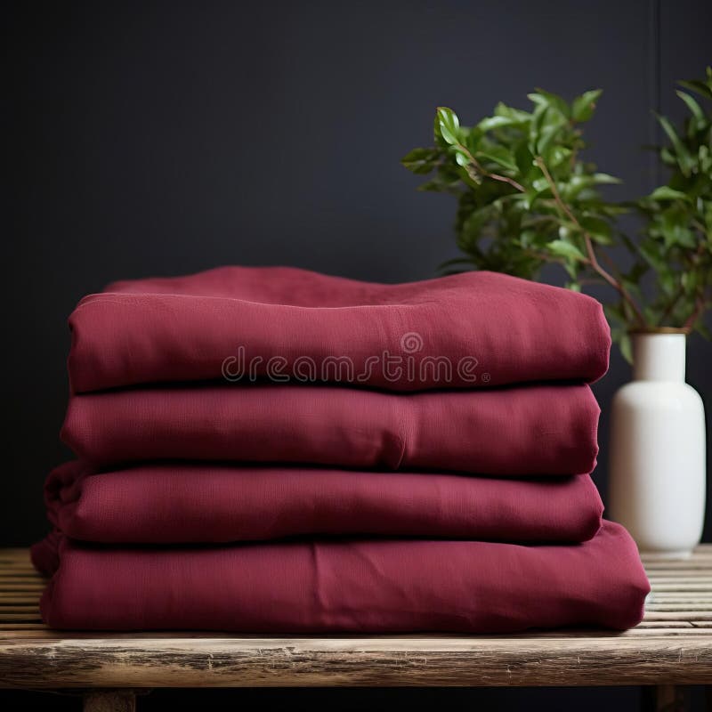 Rustic Wooden Table Setting with Rich Maroon Linen Sheets Stock ...