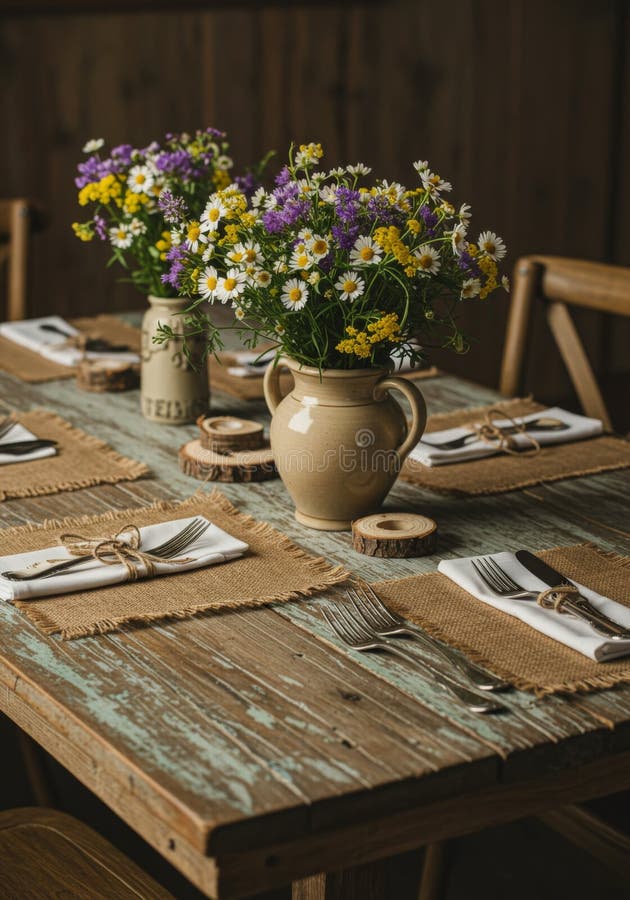 Rustic Wooden Table Setting with Wildflower Centerpiece Stock ...