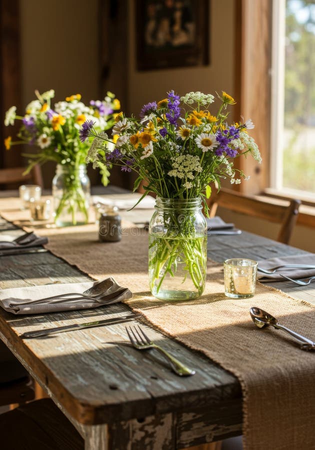 Rustic Wooden Table Setting with Wildflower Mason Jar Centerpieces ...