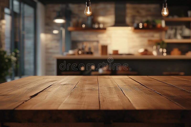Empty Rustic Wooden Table with Blurred Kitchen Background for Product ...