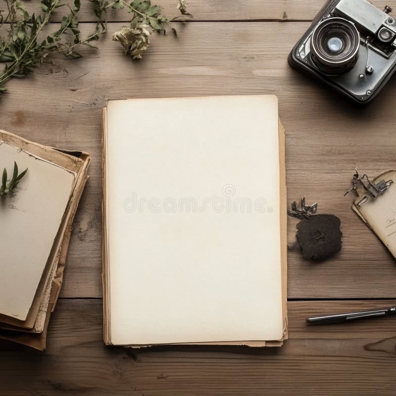 Vintage Workspace Setup with Blank Pages Wooden Table Camera and ...