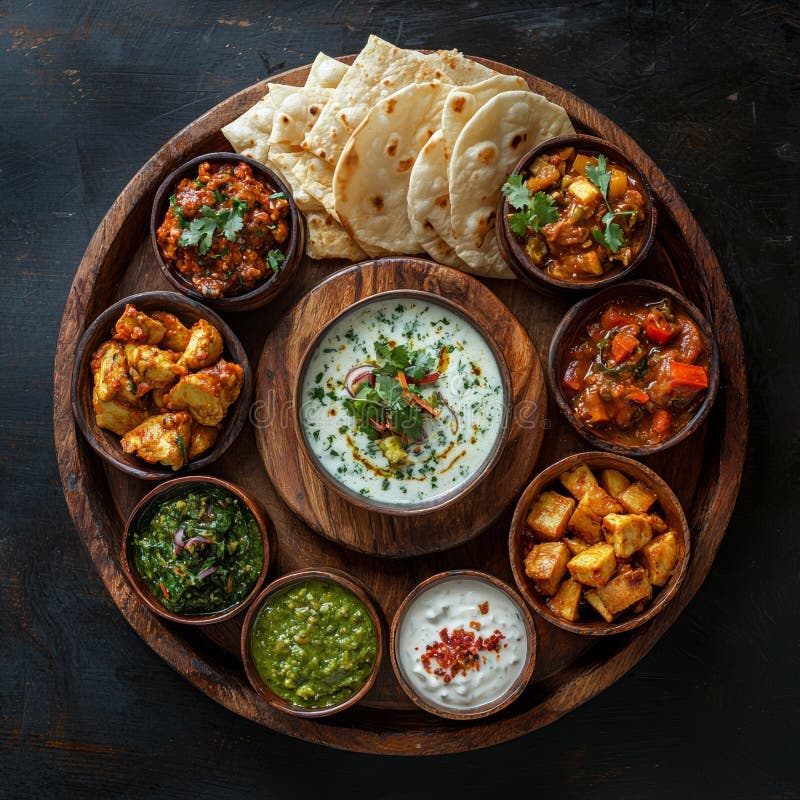 Rustic Wooden Table Showcasing an Array of Indian Cuisine, Complete ...